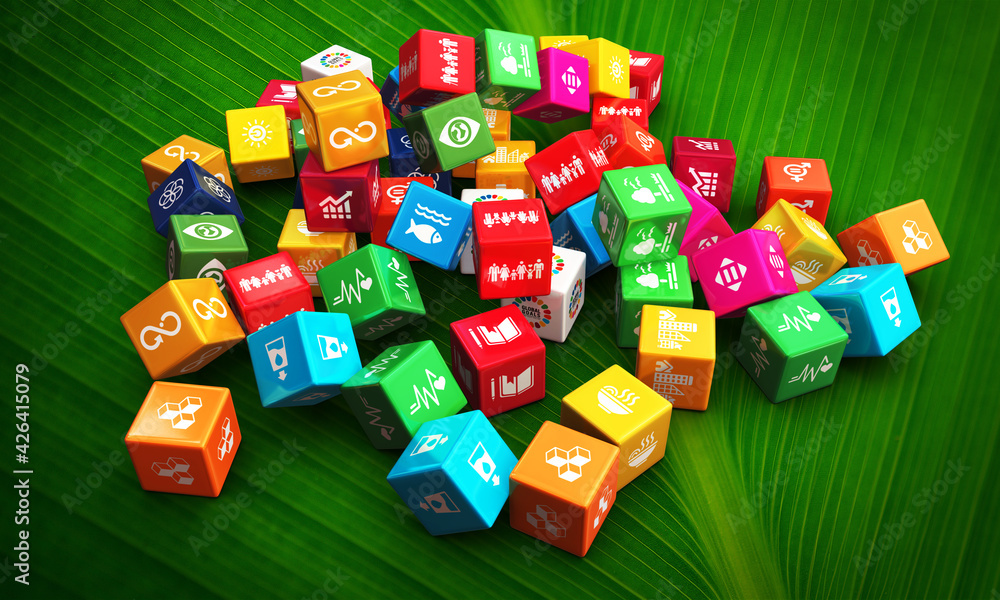 Sustainable Development inspiration work. 3D rendering colorful cubes ...