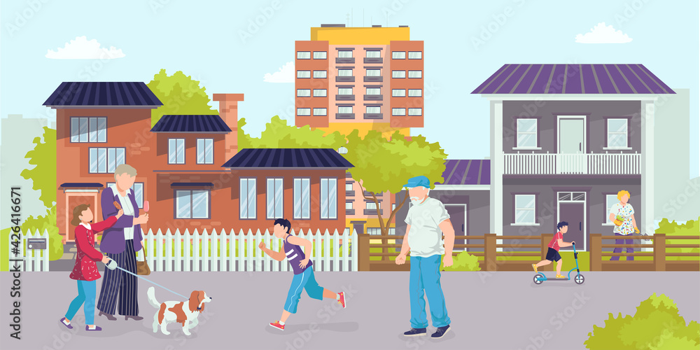 District street, vector illustration. Urban architecture with elderly ...