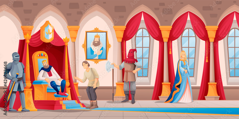 Royal people in castle scene. King sitting on throne, queen walking ...