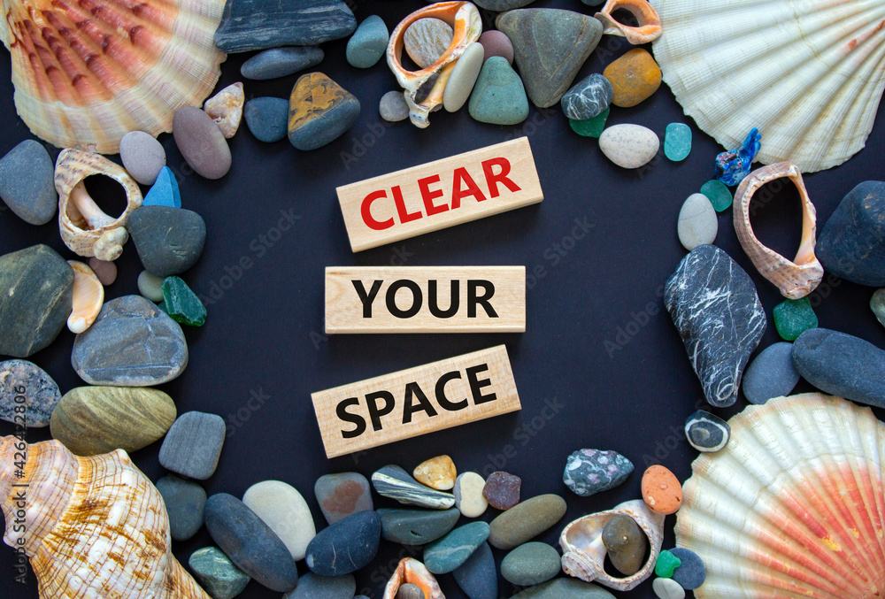 Clear your space symbol. Wooden blocks with words 'Clear your space ...