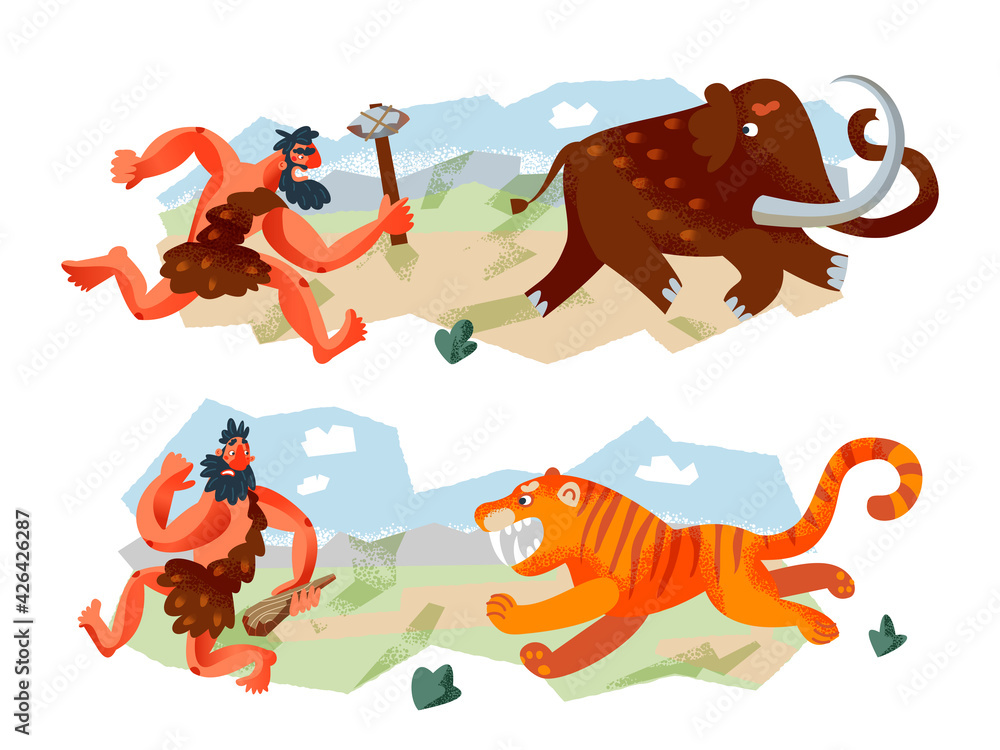Cavemen hunting animals in Stone Age set. Prehistoric ancient history ...