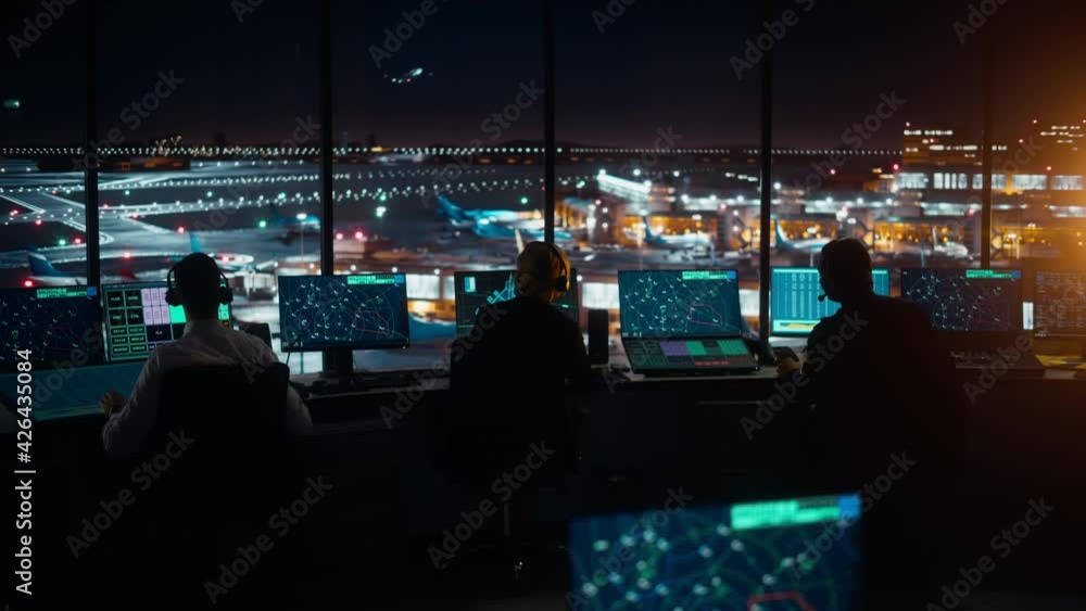 Diverse Air Traffic Control Team Working in Modern Airport Tower at ...