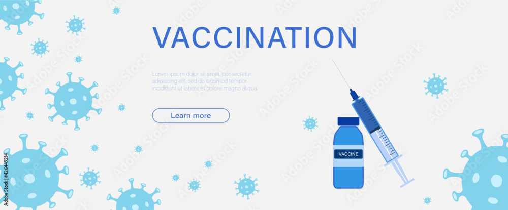 Vaccination banner background. Syringe with vaccine bottle and virus ...