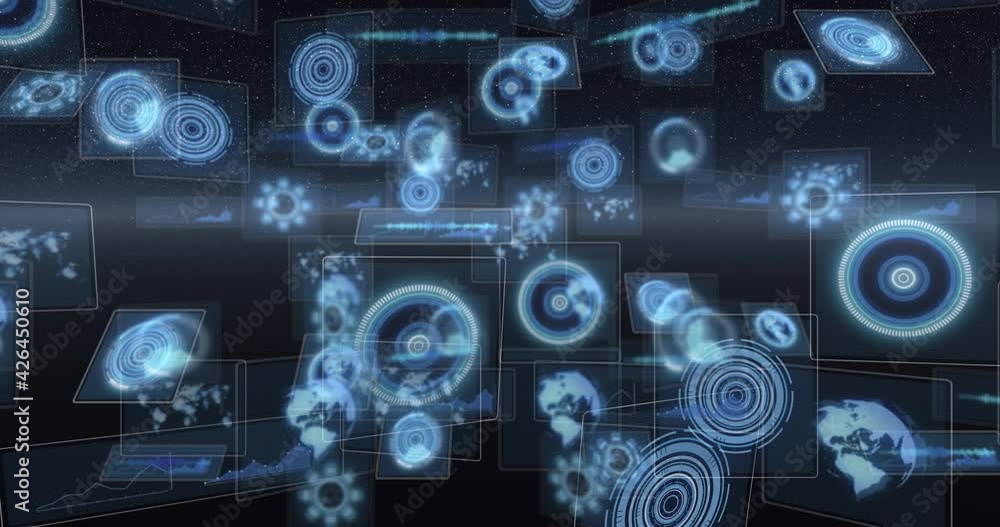 Animation of scopes scanning, globes, data processing on screens over globe with glowing horizon ...
