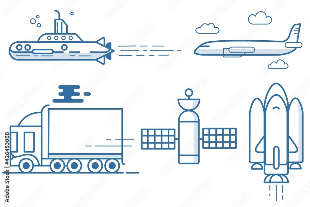 Icons of a submarine, plane, lorry-load, satellite and a rocket Stock ...