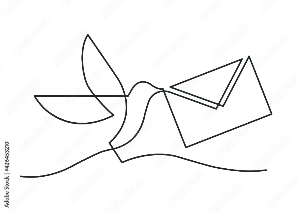 Continuous line drawing of bird carrying a letter. Vector illustration ...