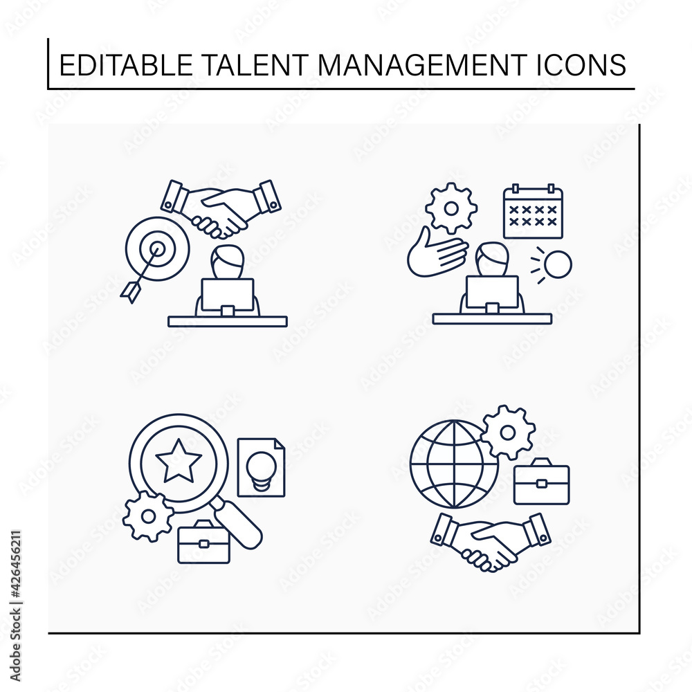 Talent management line icons set.Time off management,goal agreement ...