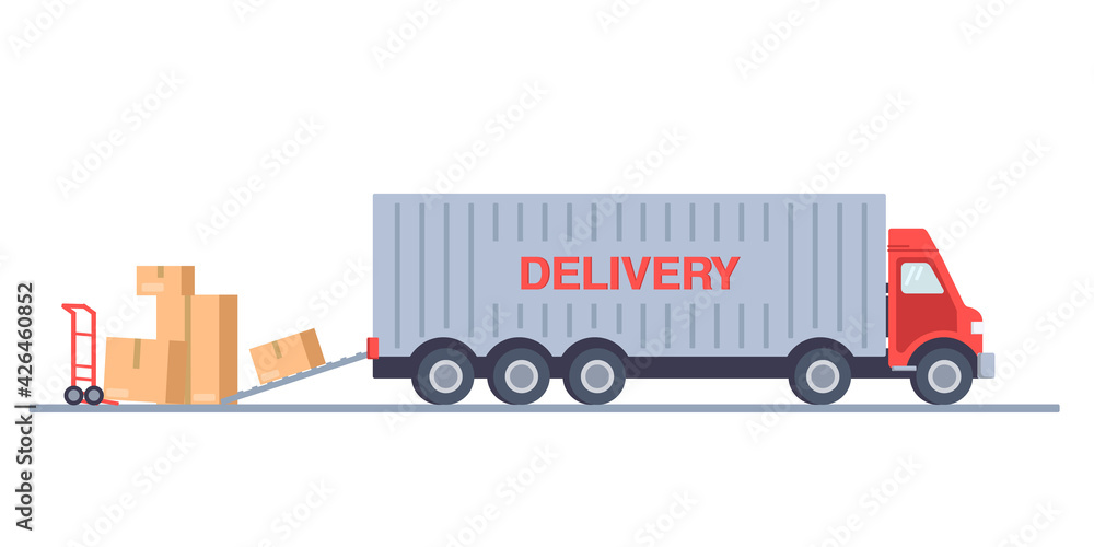 Cute cartoon delivery. Delivery truck with man is carrying parcels on ...