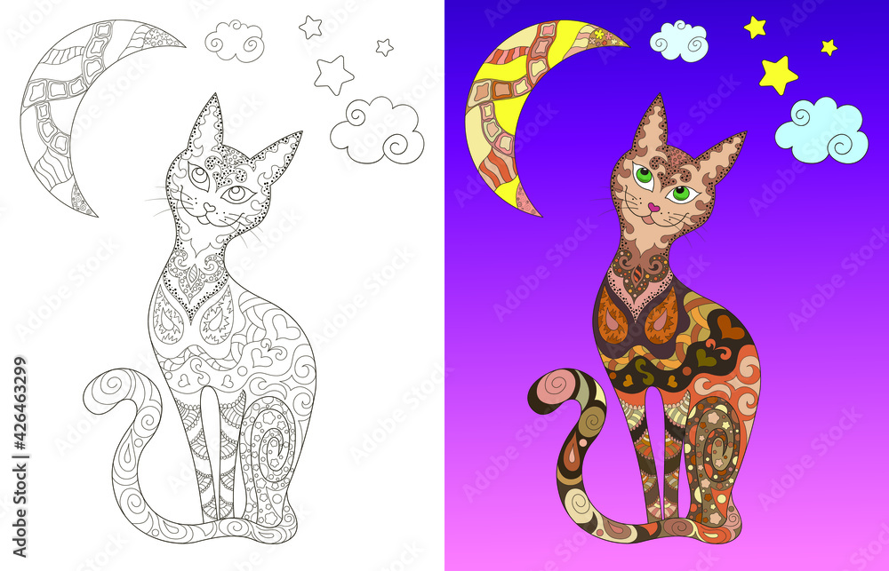 set of zentangle pictures with cat, moon and stars isolated on night ...