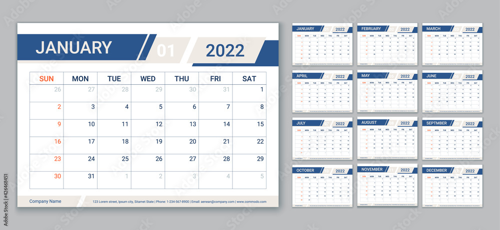 Planner, calendar 2022 year. Calender template. Week starts Sunday ...