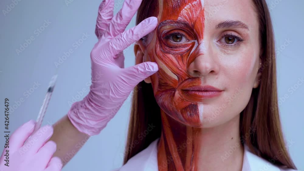 Cosmetic injection in the face. Young woman with half of face with ...