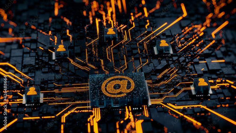 Email Technology Concept with @ symbol on a Microchip. Orange Neon Data ...