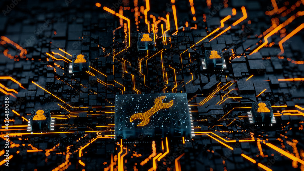 Configure Technology Concept with tool symbol on a Microchip. Orange ...