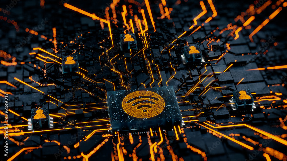 Wireless Technology Concept with wifi symbol on a Microchip. Orange ...
