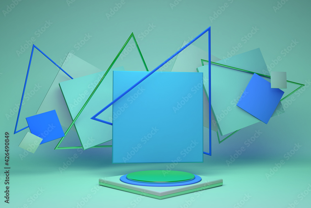 3d render, abstract geometric squares frame, blue green pedestal ...
