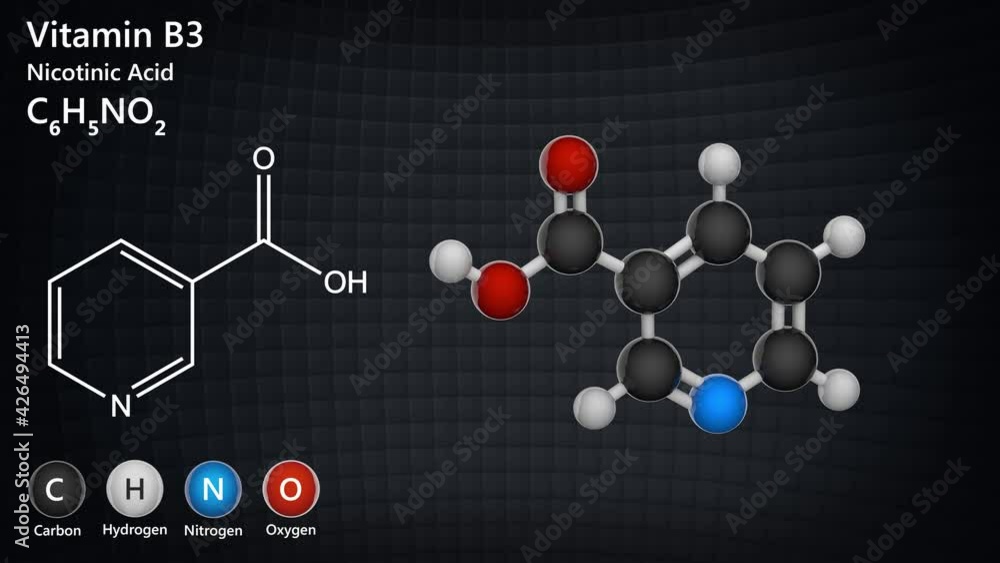 Vitamin B3(Nicotinamide). Also known as nicotinic acid. 3D render ...