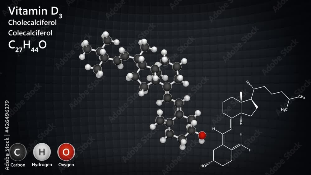 Chemical structure of Vitamin D3 (Cholecalciferol). Formula: C27H44O ...