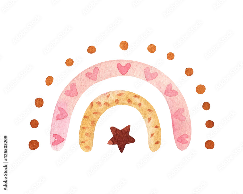 Watercolor pink pastel rainbow isolated on white background. Poster for ...