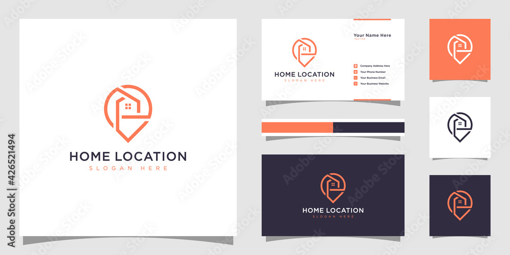 Home location with house and map marker logo and business card Stock ...