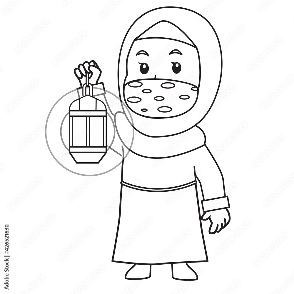 Muslim Girl Use Orange Shirt And Hijab Put Ramadan Lantern In Ramadan