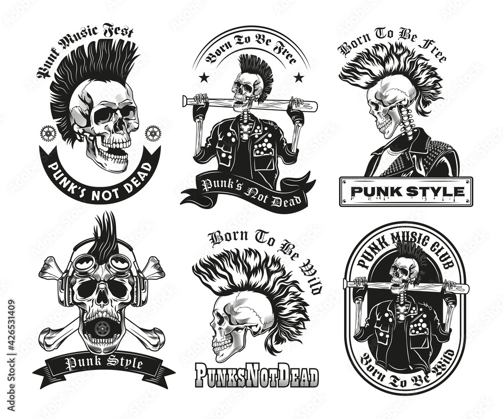 Set of vintage black and white punk skeleton sketches. Flat vector ...