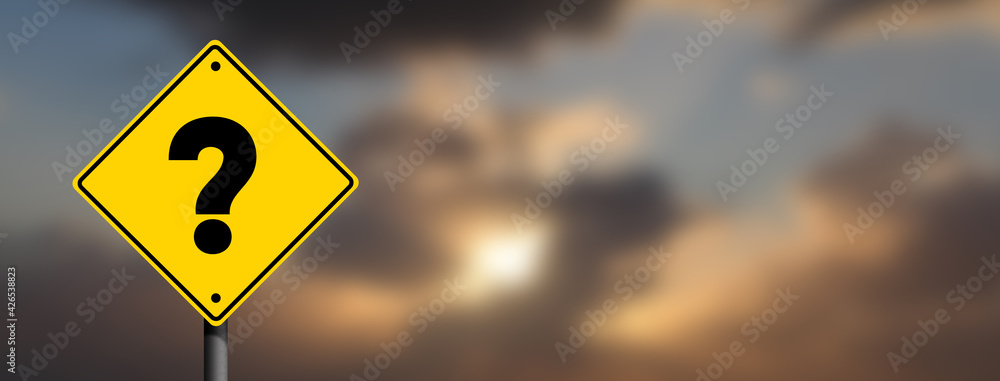 Question Mark road sign in panoramic Cloudy sky blur background ...