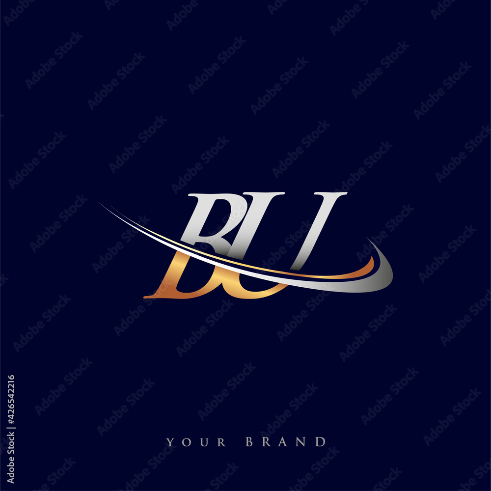 BU initial logo company name colored gold and silver swoosh design ...