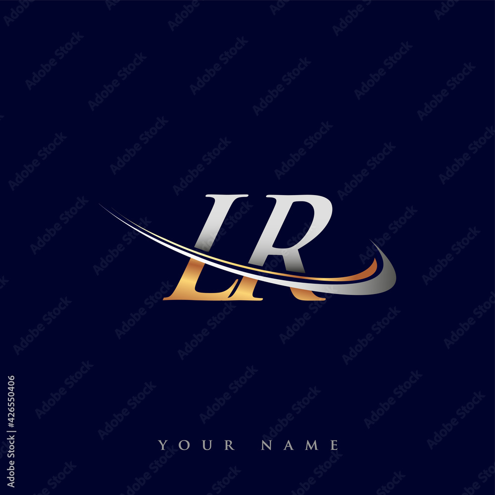 LR initial logo company name colored gold and silver swoosh design ...