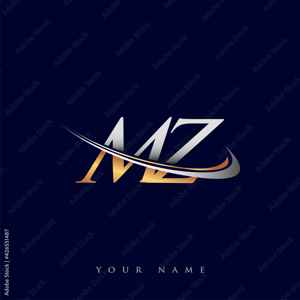MZ initial logo company name colored gold and silver swoosh design ...