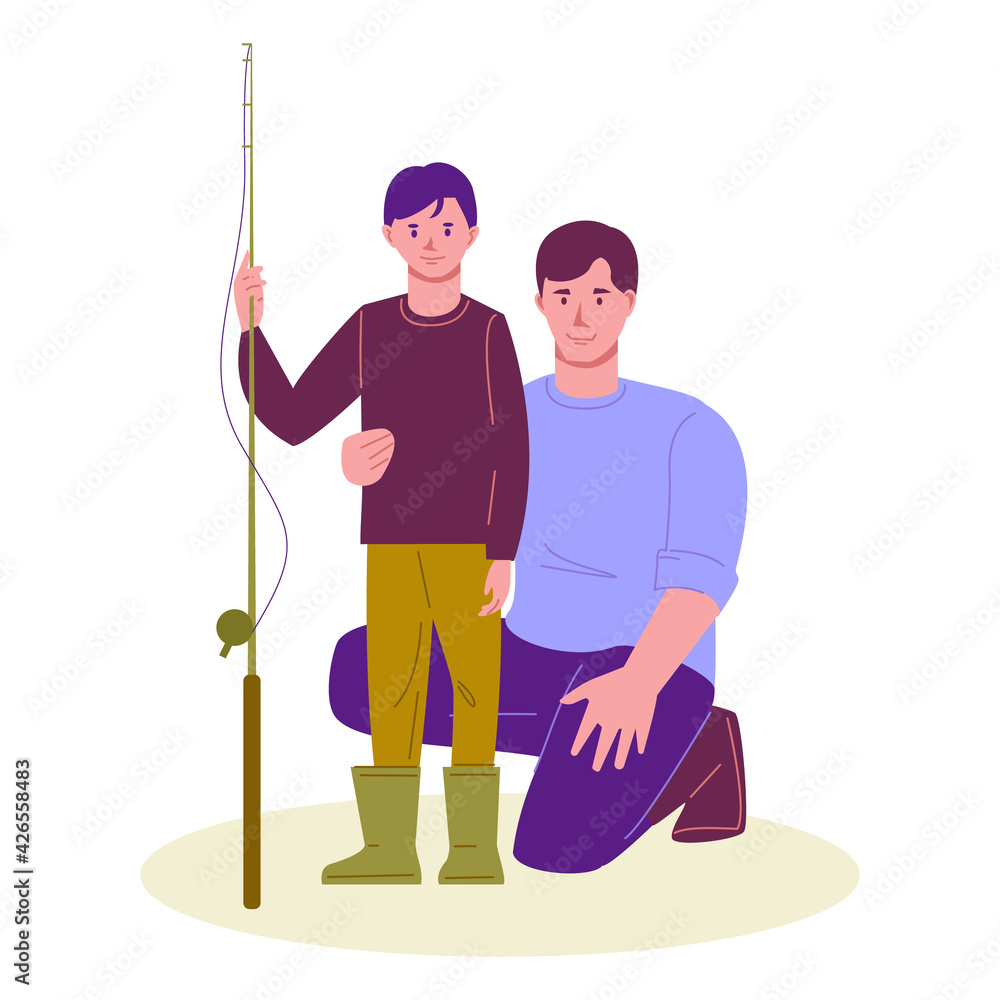 Father and son with a fishing rod. Vector illustration in flat cartoon ...