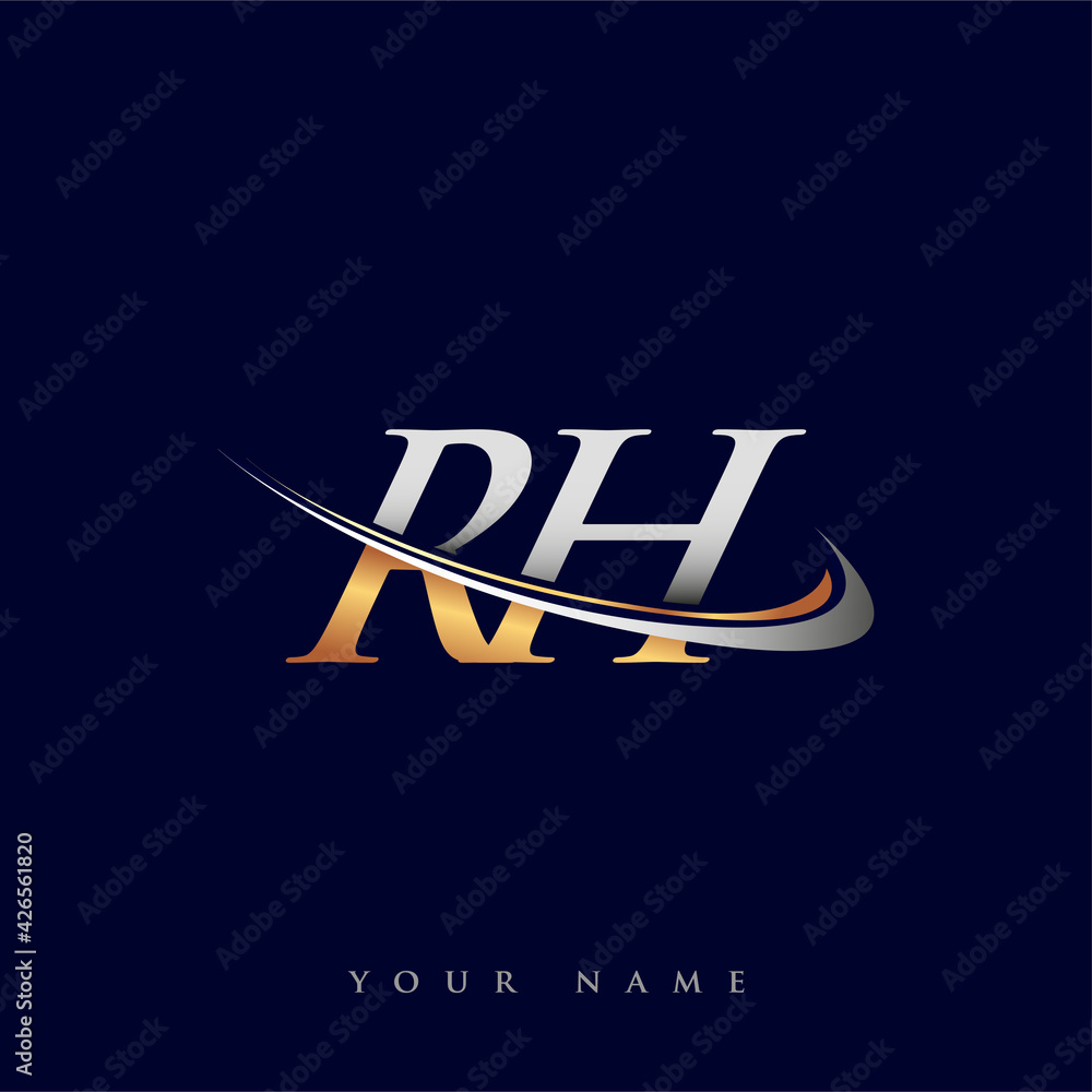 RH initial logo company name colored gold and silver swoosh design ...