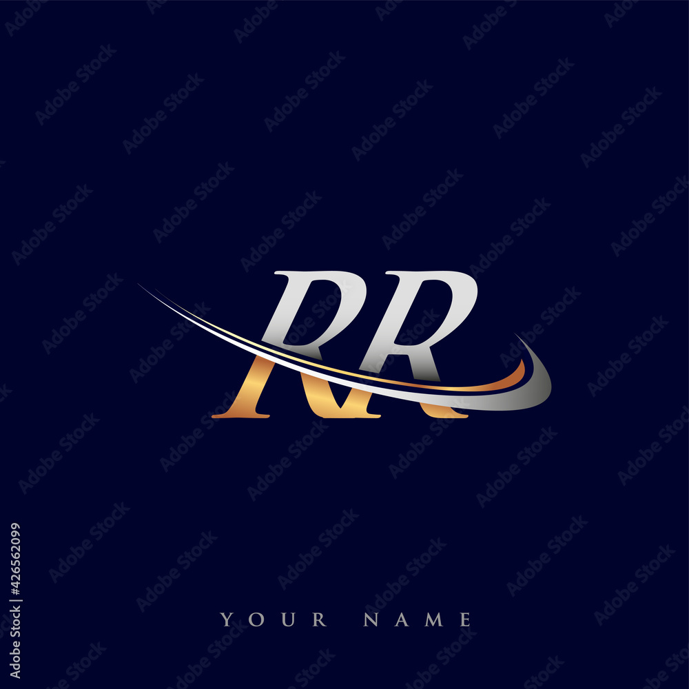 RR initial logo company name colored gold and silver swoosh design ...