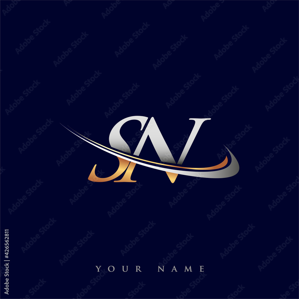 SN initial logo company name colored gold and silver swoosh design ...