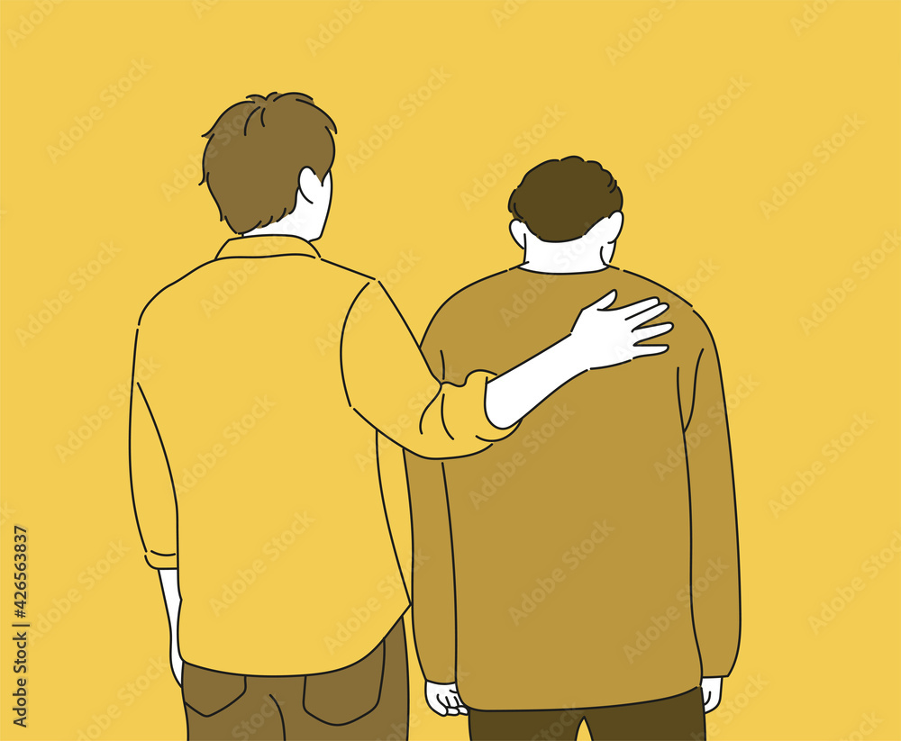 One man comforts another man by tapping on the shoulder. hand drawn ...