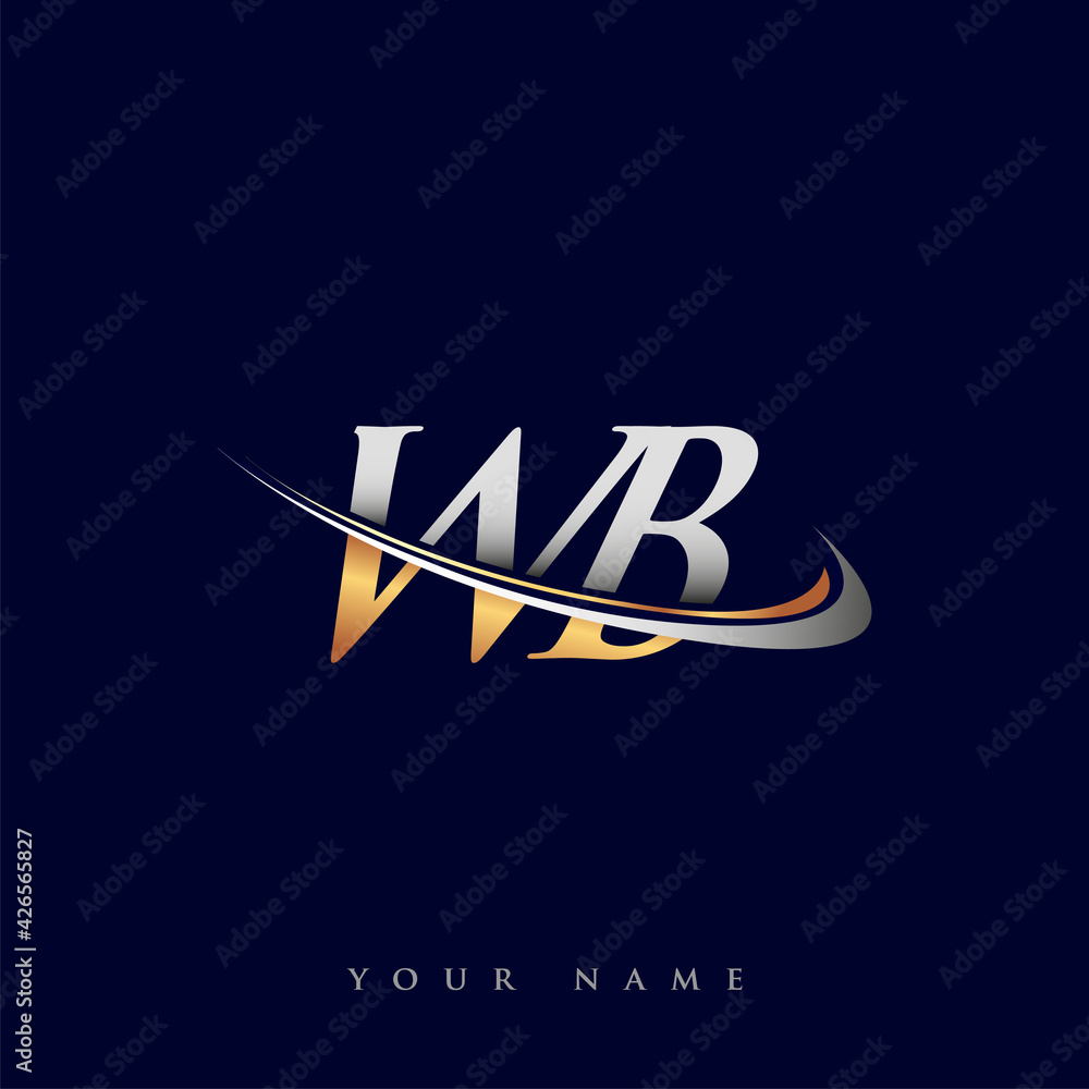 WB initial logo company name colored gold and silver swoosh design ...
