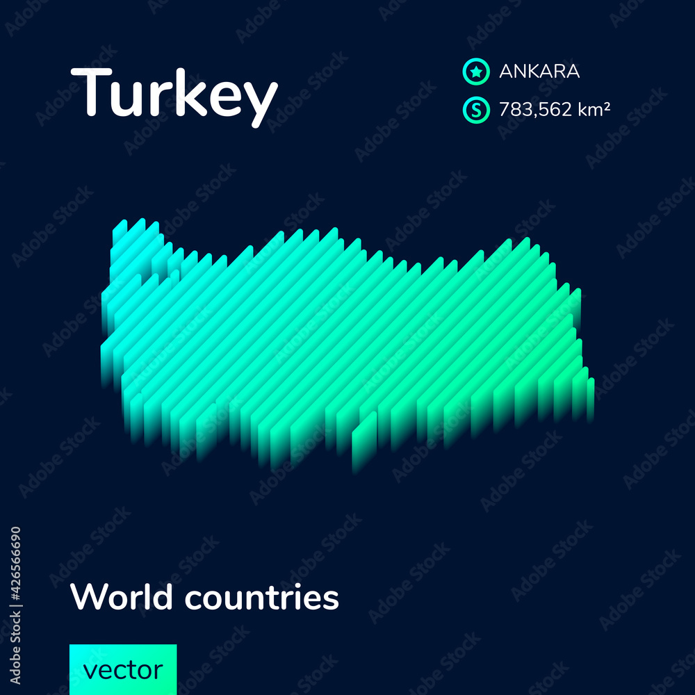 Stylized neon simple digital isometric striped vector Turkey map, with ...