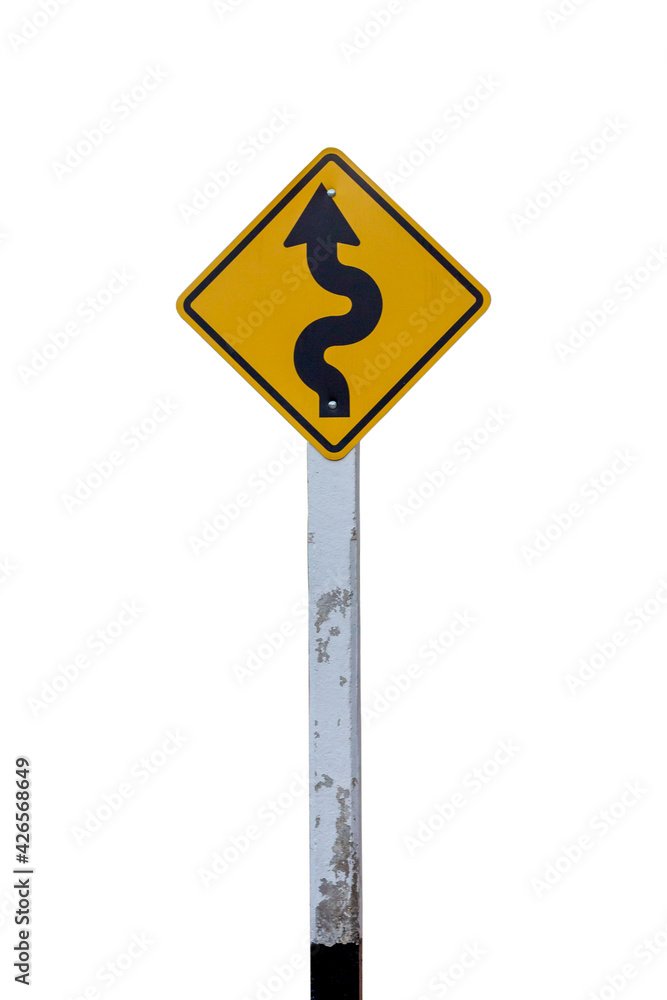 warning curve road sign isolated on white background. Stock Photo ...