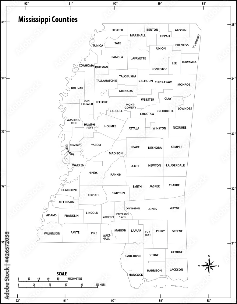 mississippi state outline administrative and political vector map in ...