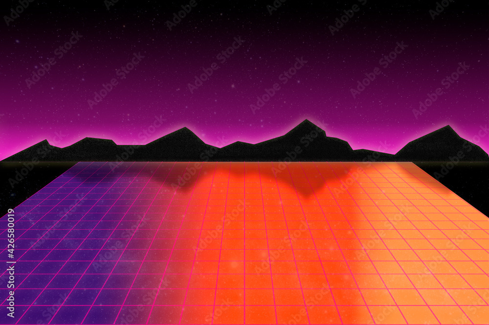 Retro cyberpunk style 1980's sci-fi background with red laser grid ...