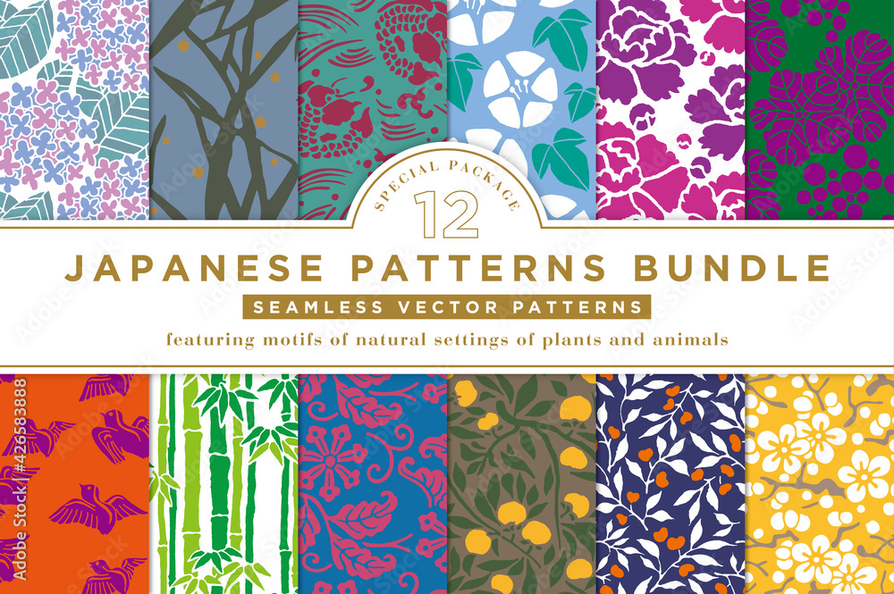 12 seamless Japanese patterns. Collection of traditional Japanese ...