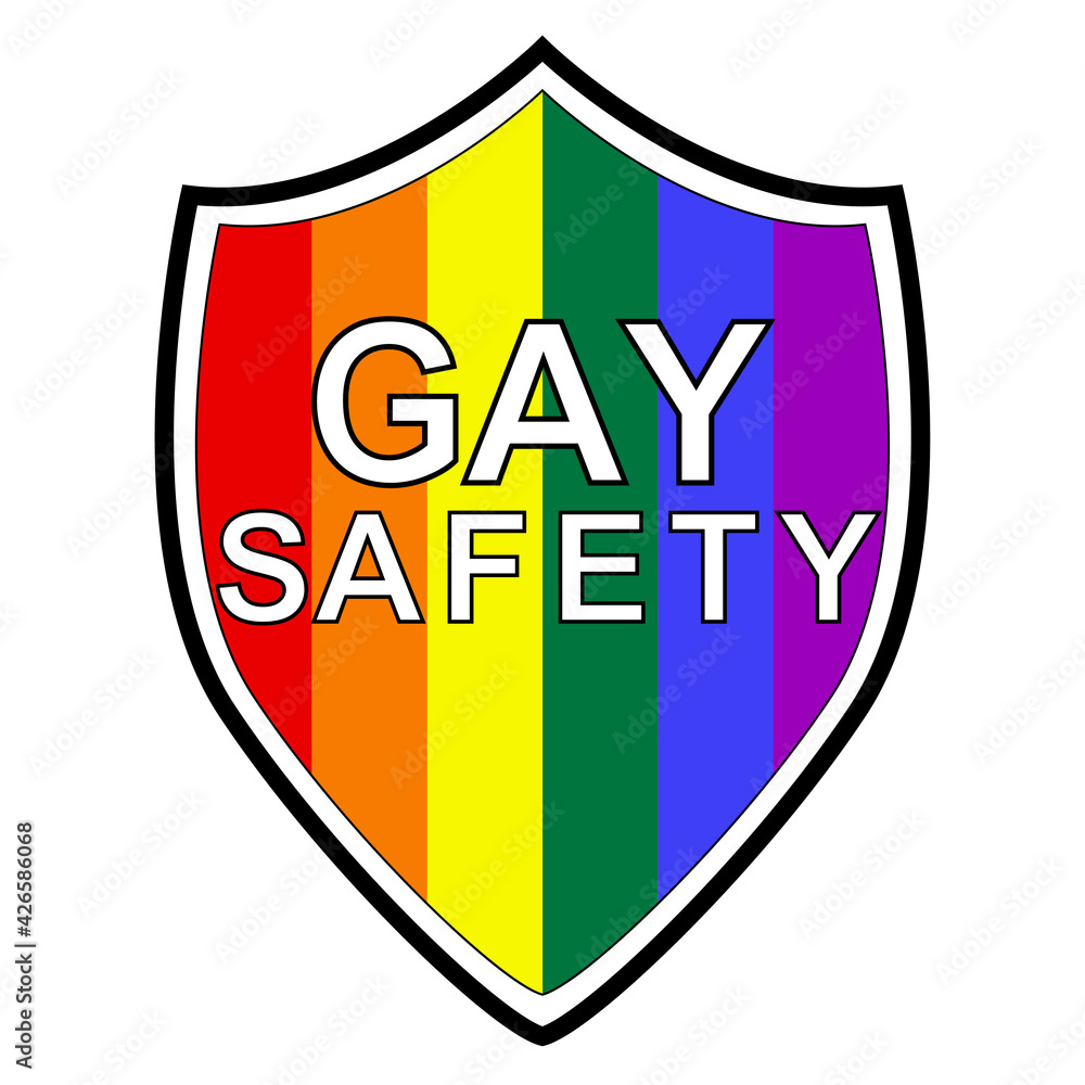 Gay protection sign, vector shield in lgbt flag and text gay safety ...