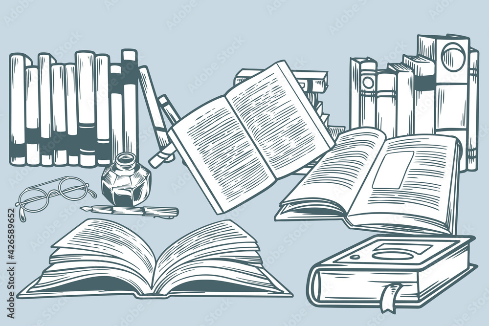 book sketch drawing, hand drawn books. vector illustration reading and ...
