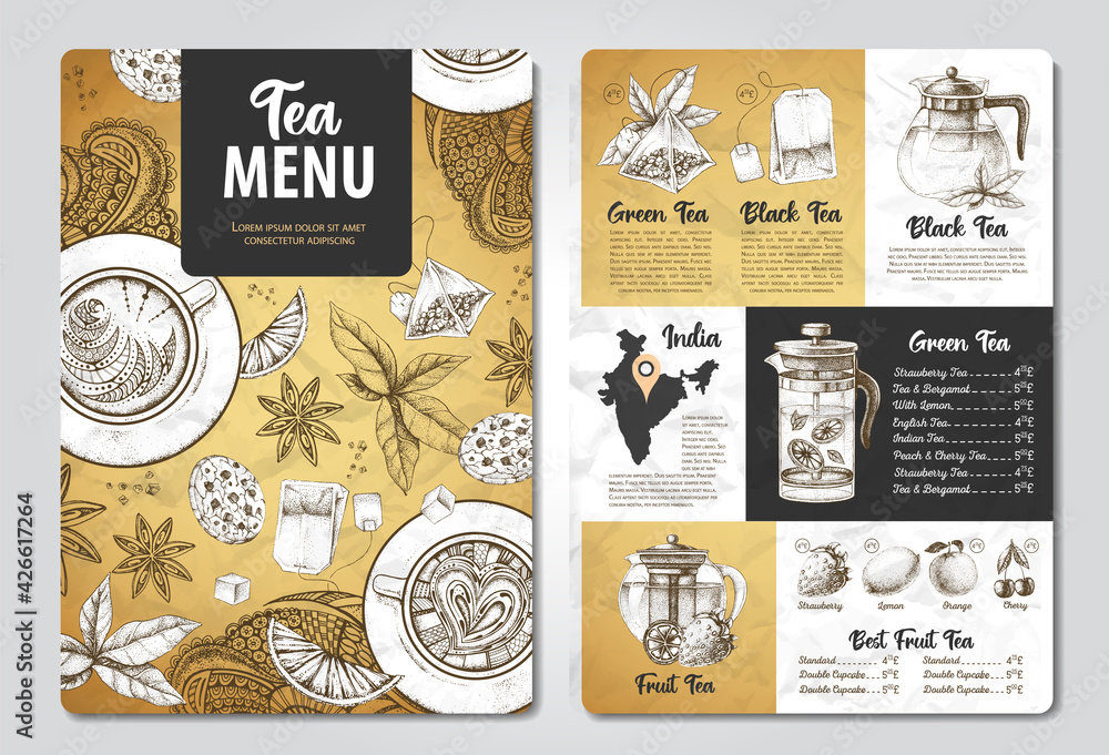 Restaurant Royal Tea menu design. Decorative sketch of teapot. Vintage ...