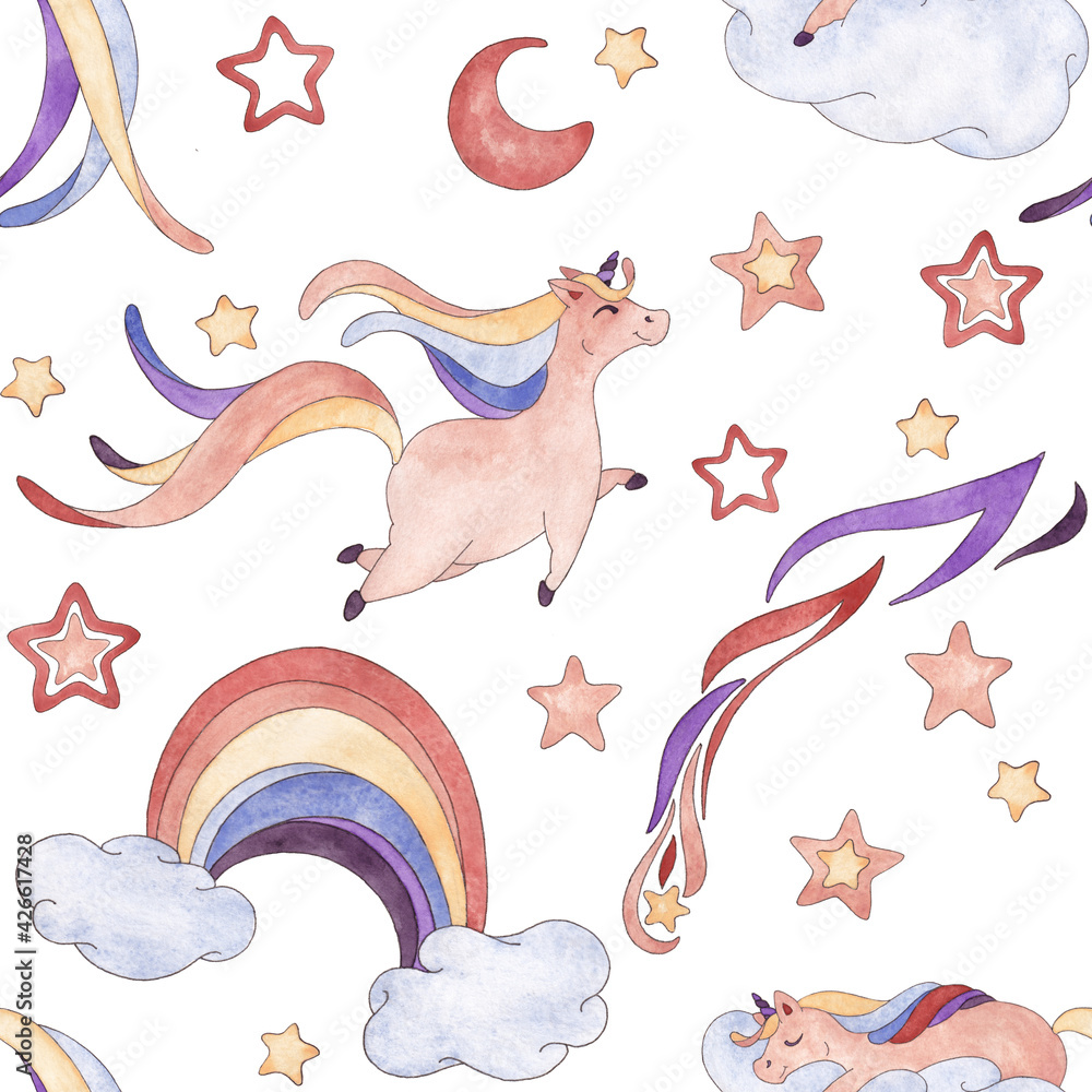 Seamless pattern from a set of watercolor illustrations of a flying ...