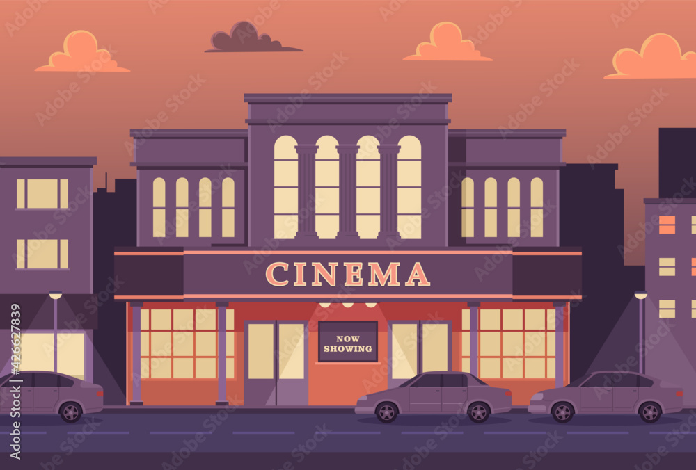 Cinema building vector illustration on background of city at night ...
