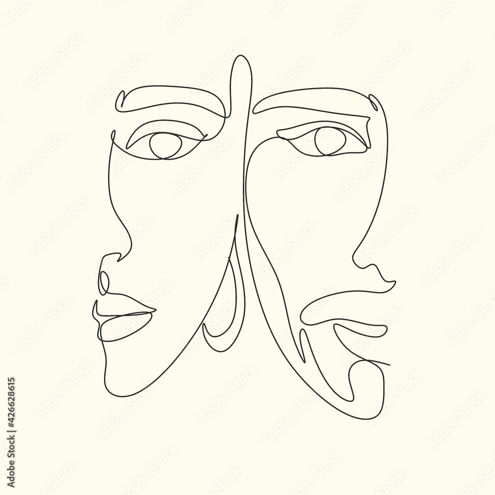 Abstract man and woman touch by one line vector drawing. Portrait ...