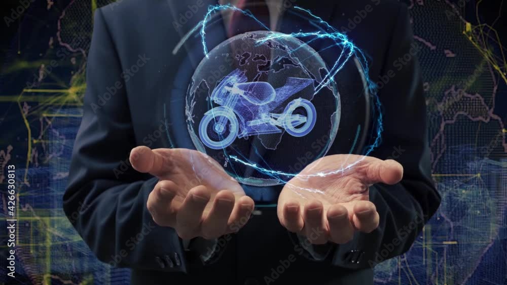 Male hands activate a conceptual holographic modern sport bike ...