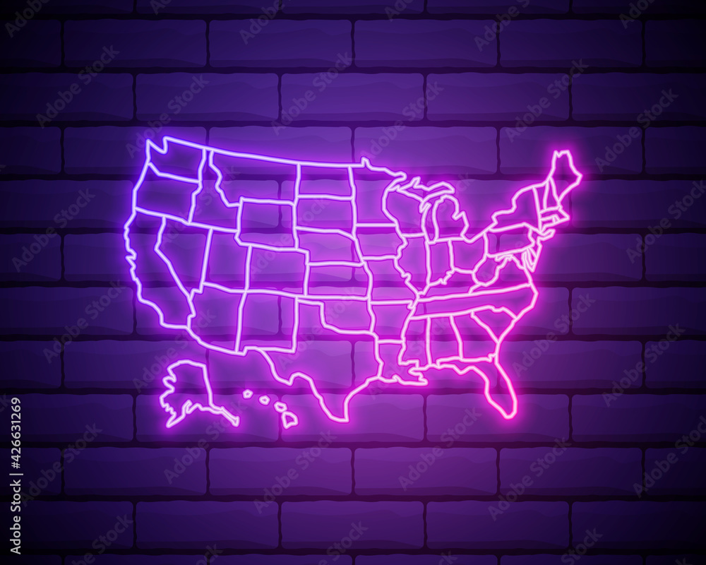 United States map glowing neon lamp sign. Realistic vector illustration ...