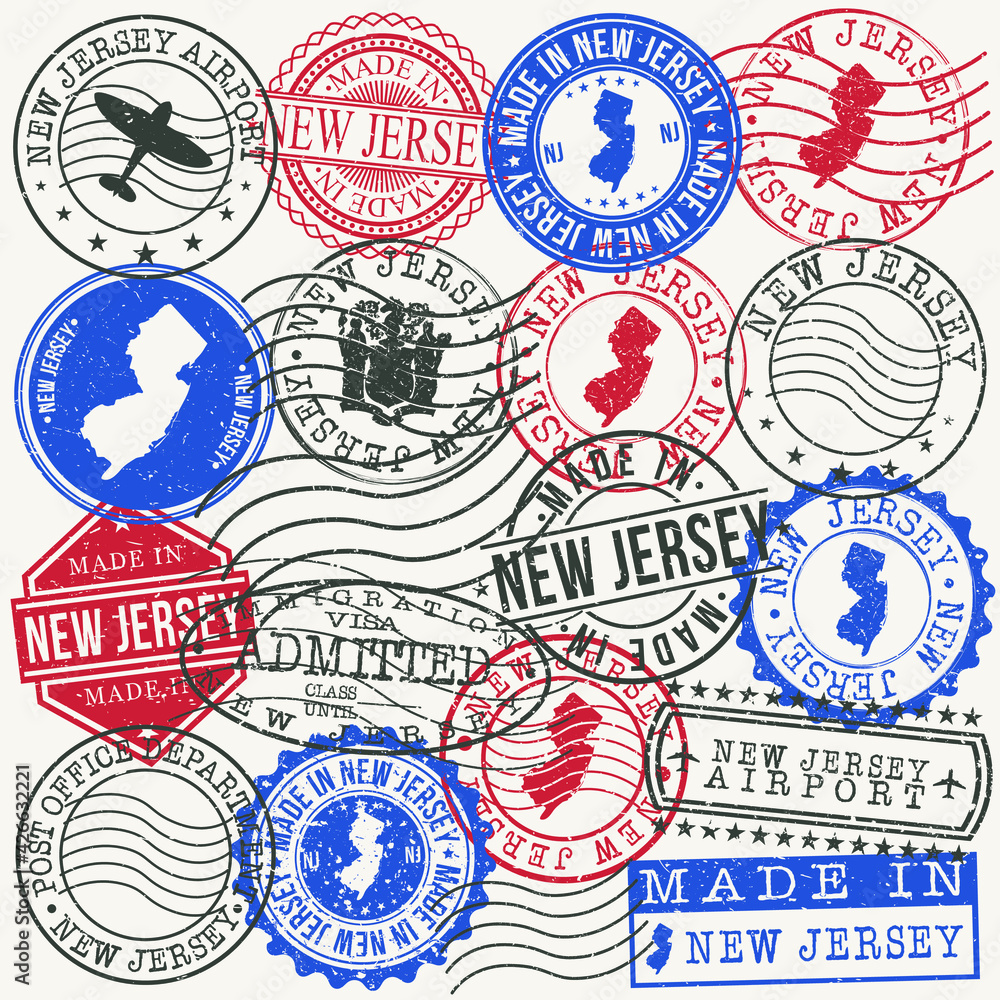 New Jersey, USA Set of Stamps. Travel Passport Stamps. Made In Product ...