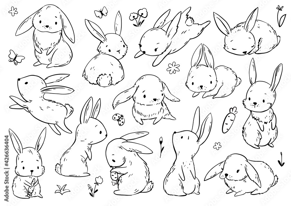 Bunny collection. Black and white line style. Perfect for coloring page ...